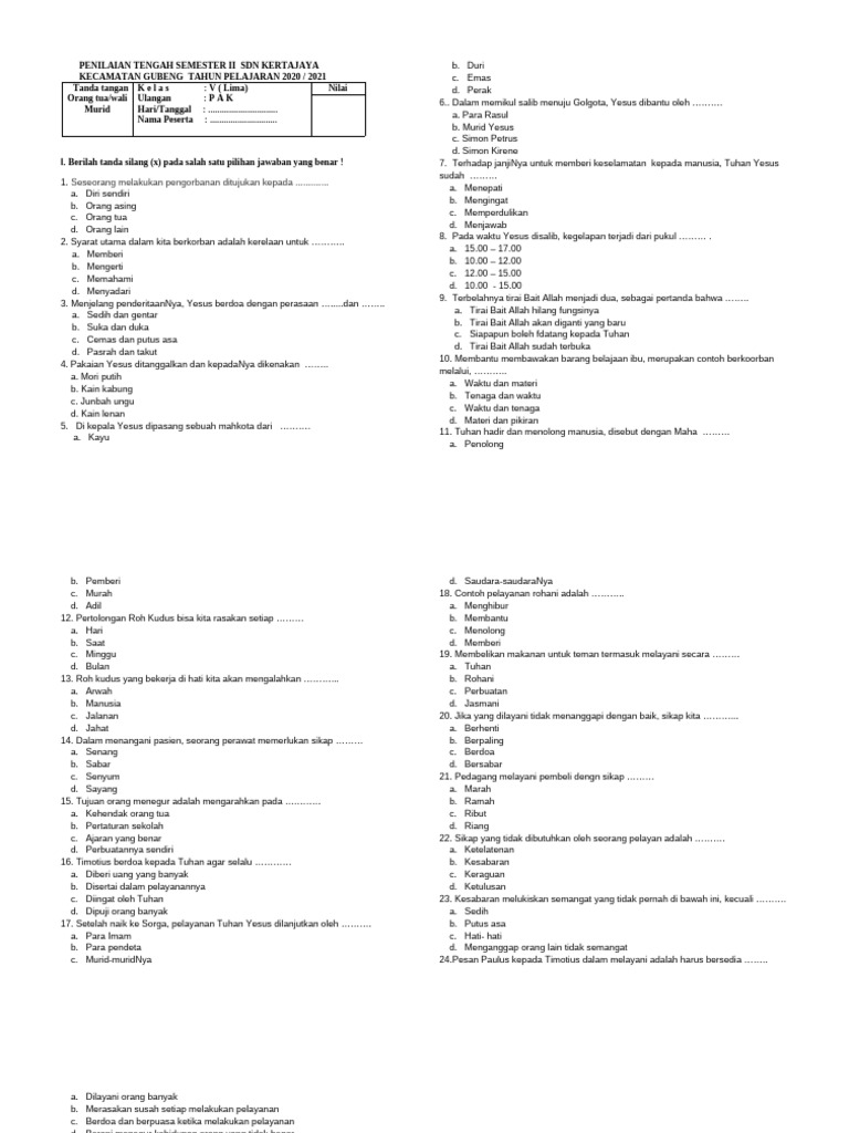 Kls 5 - Rina SOAL PTS SEM GENAP 22021-2022 - COVID Kls 5 - New | PDF