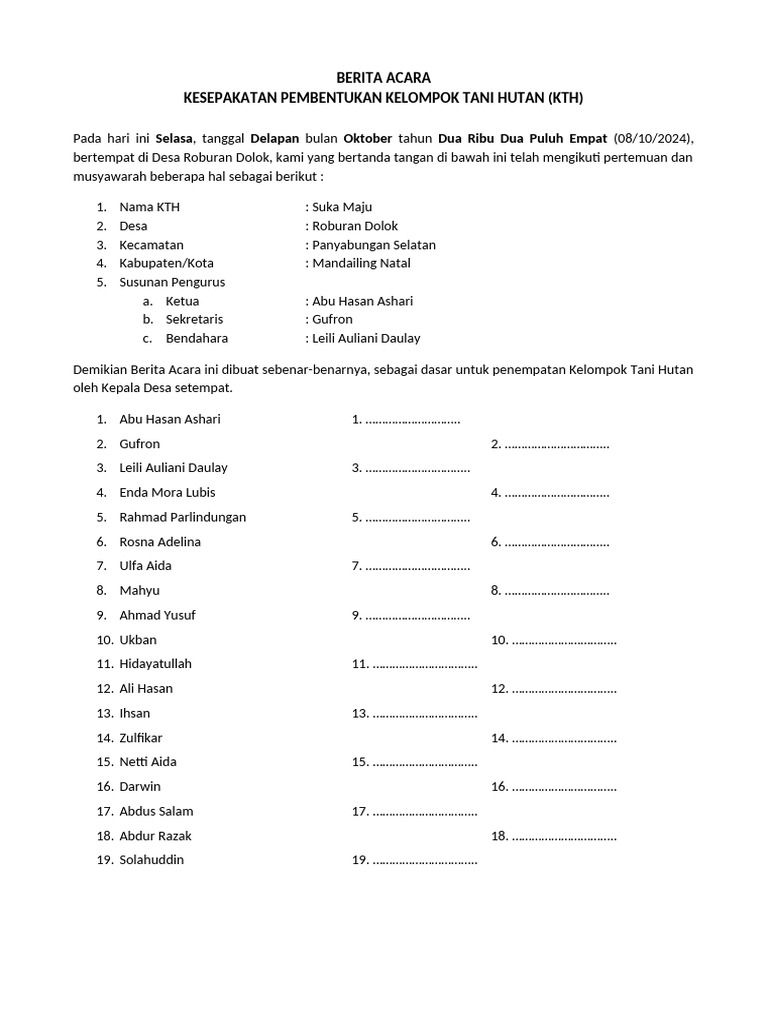 Berita Acara Kesepakatan Pembentukan Kelompok Tani (KTH) Roburan Dolok ...
