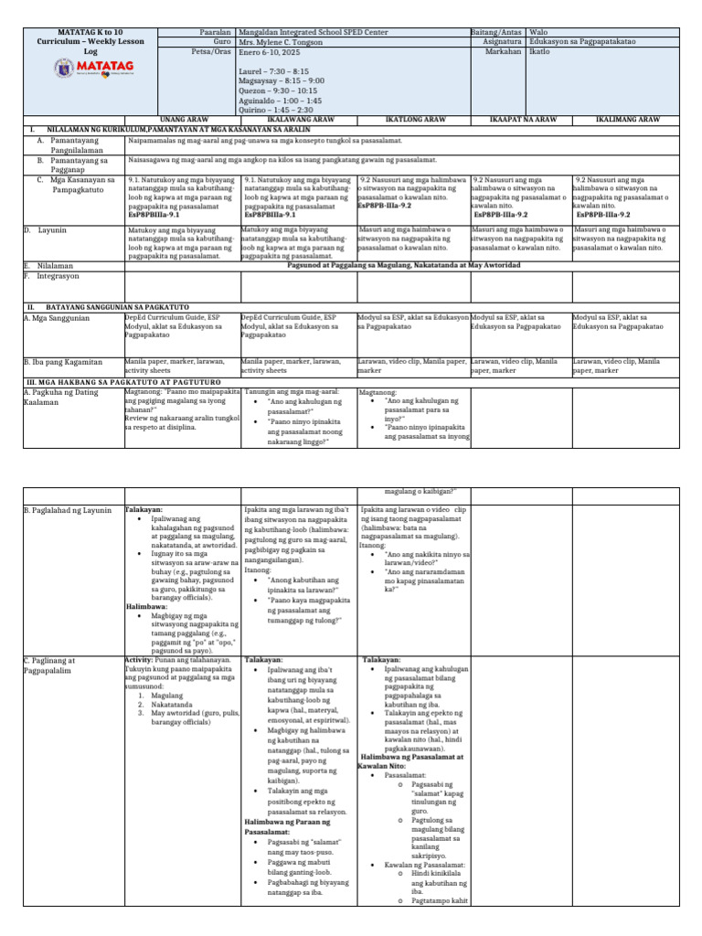 FILIPINO - Official MATATAG Daily Lesson Log Format | PDF