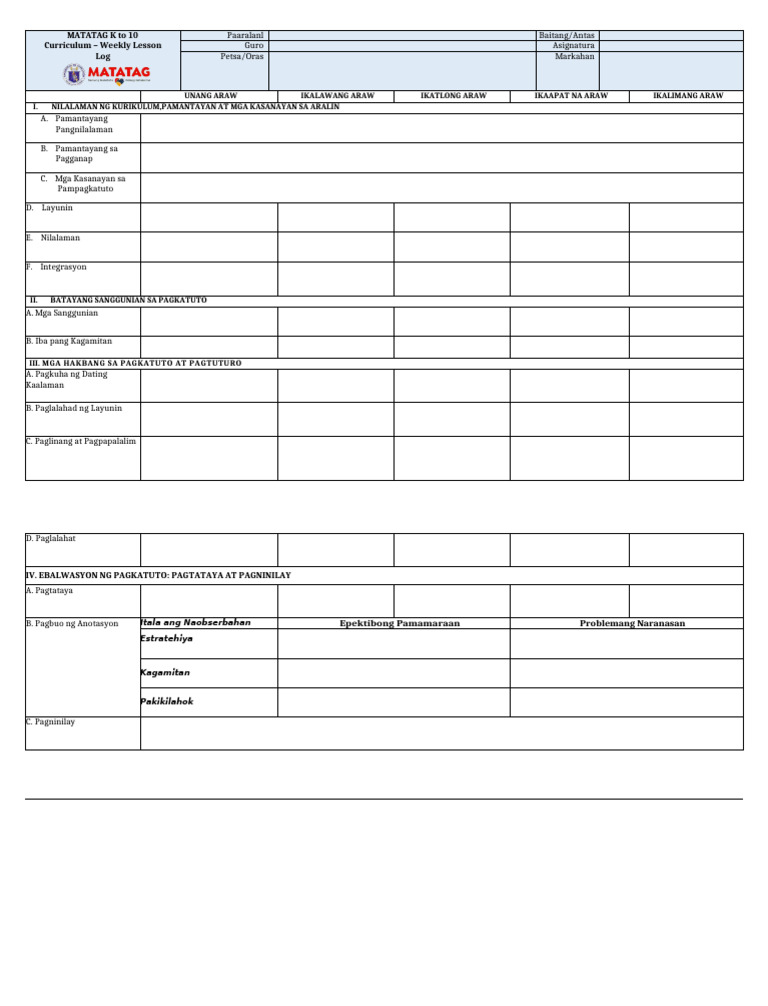 FILIPINO - Official MATATAG Daily Lesson Log Format | PDF