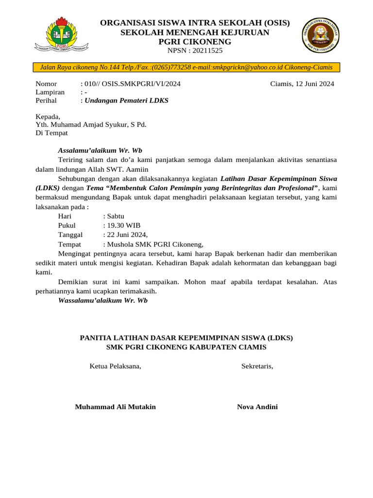 Surat Untuk Pemateri Mabit | PDF