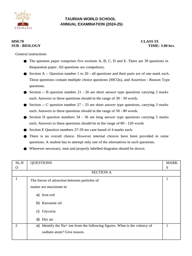 Class Ix Science Annual QP | PDF | Isotope | Chemical Elements
