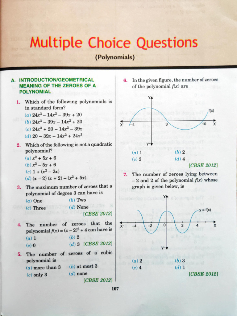 Chap 2 Polynomials MCQs | PDF | Polynomial | Zero Of A Function