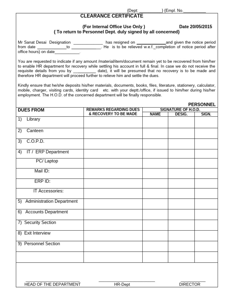 Clearance Certificate New No Dues Form | PDF