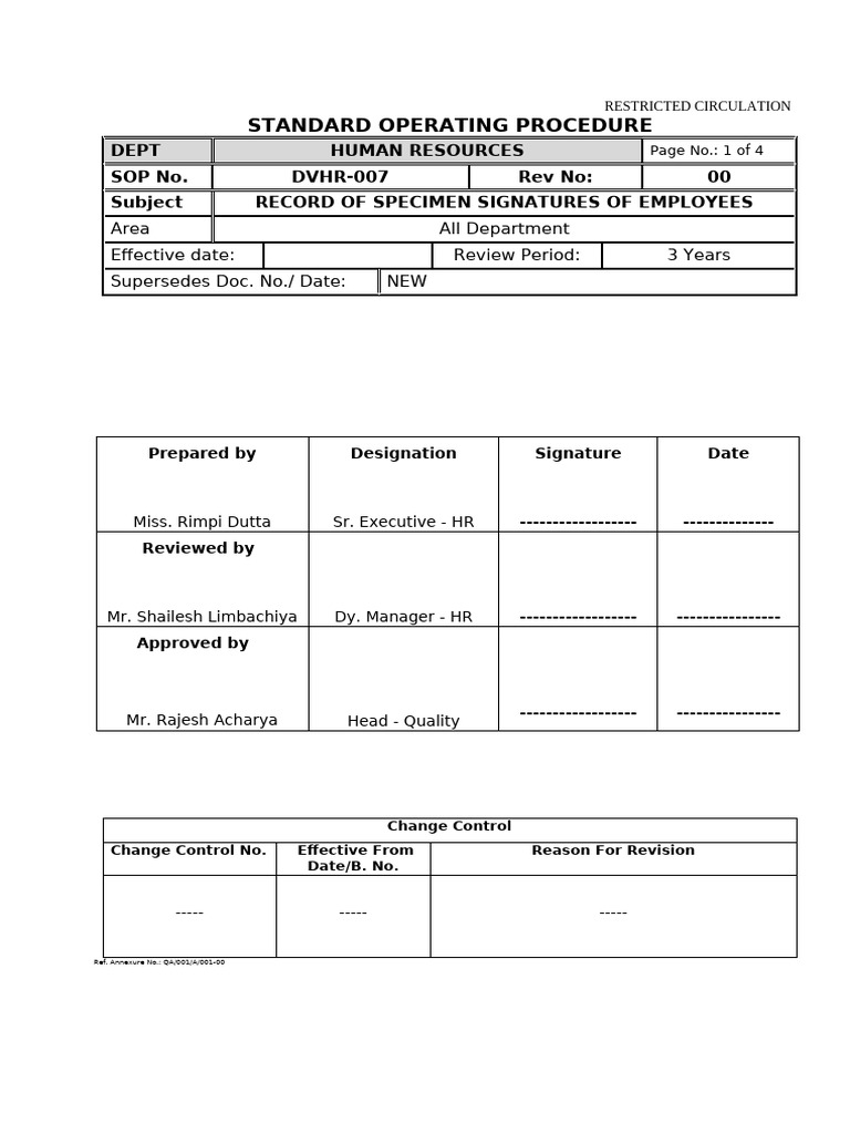 Employee Specimen Signature Record SOP | PDF | Human Resources | Business