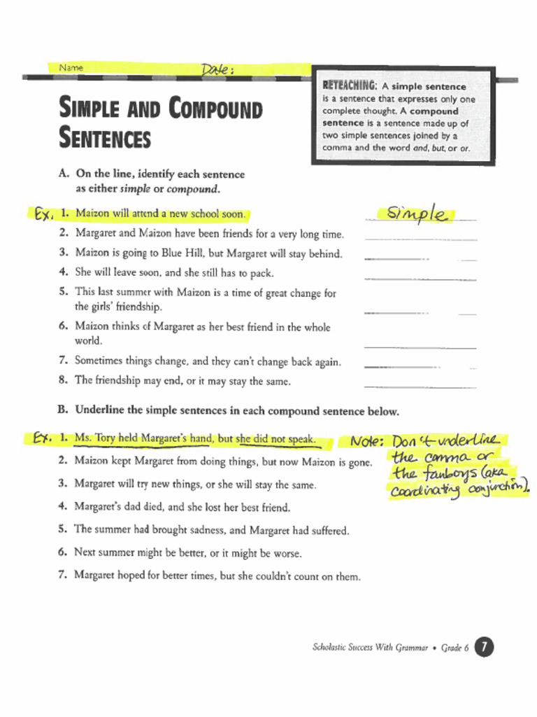 Simple vs. Compound Sentences Exercises Handout | PDF