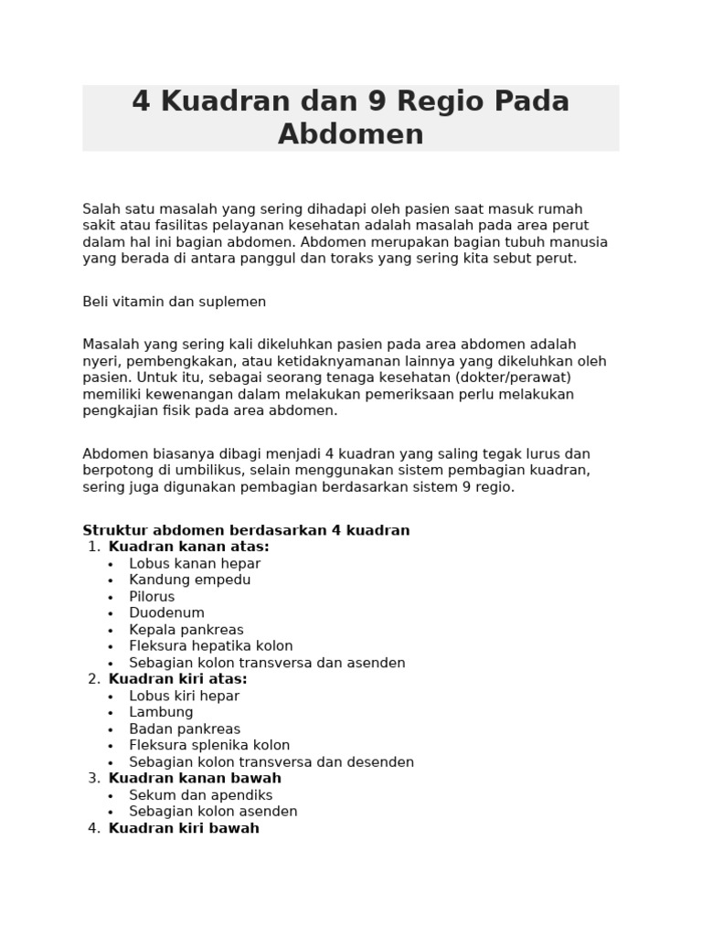 Pembagian 4 Kuadran dan 9 Regio Abdomen | PDF