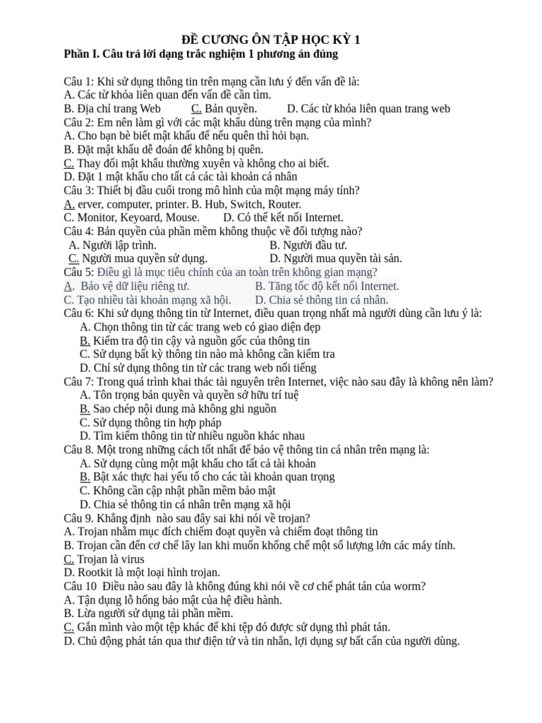 Bài Ôntap Thi CK1-K10-PKK Có DA | PDF