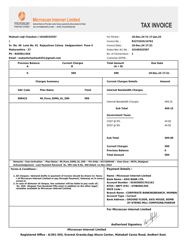 For Period: Invoice No.: Invoice Date: Subscriber A/c No.: No. of ...