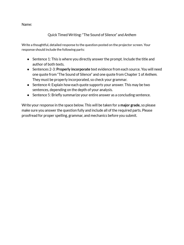 GRAYSON HANSON - Timed Writing The Sound of Silence and Anthem (MAJOR GRAD - 14223700 | PDF