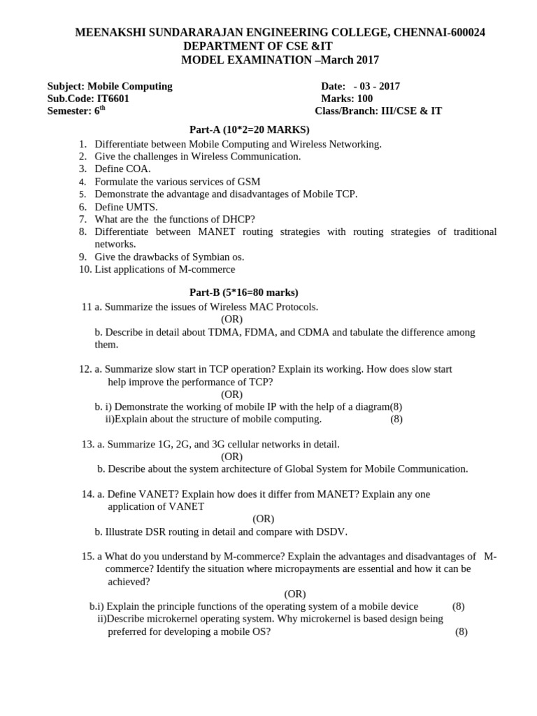MODEL QP - III Year - MC IT6601 | PDF | Cellular Network | Internet Protocol Suite
