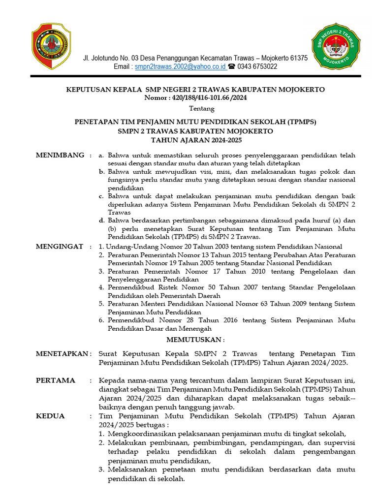 SK Tim Penjaminan Mutu Pendidikan Sekolah | PDF