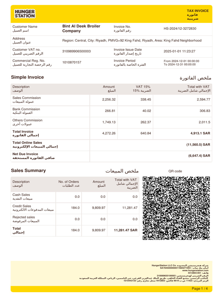 Tax Invoice for Bint Al Deek Broiler | PDF | Payments | Services ...