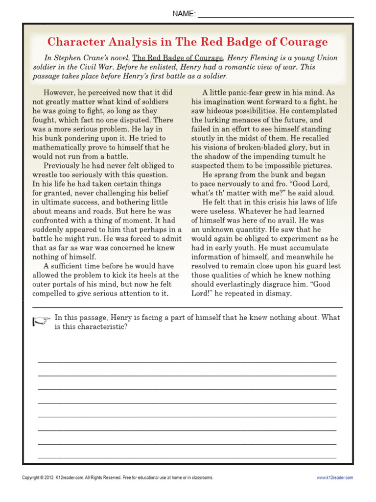 Character Analysis in The Red Badge of Courage - 9th and 10th Grade Reading Comprehension ...