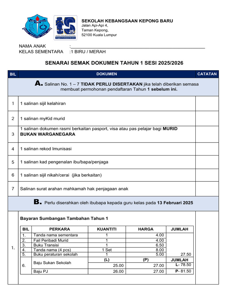 Senarai Keperluan Murid Tahun 1 2025 | PDF