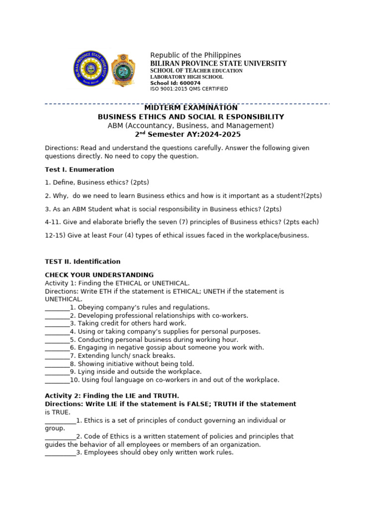 Abm 12 A - Midterm Examination Sy24-25 | PDF | Corporate Social ...