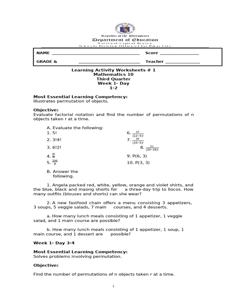 G10-Q3-WS -LAW 1 | PDF | Lunch | Permutation