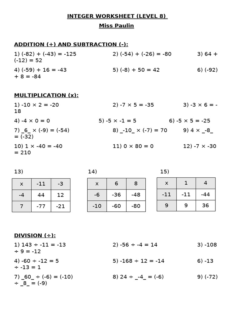 Integer Extra Worksheet Memo | PDF