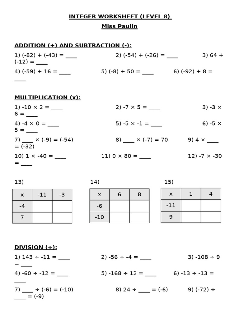 Integer Extra Worksheet | PDF | Multiplication | Discrete Mathematics