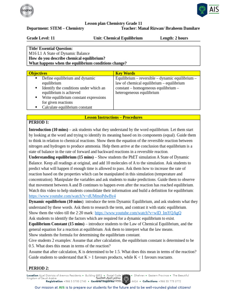 M16 L1 Lesson Plan | PDF | Chemical Equilibrium | Chemical Reactions
