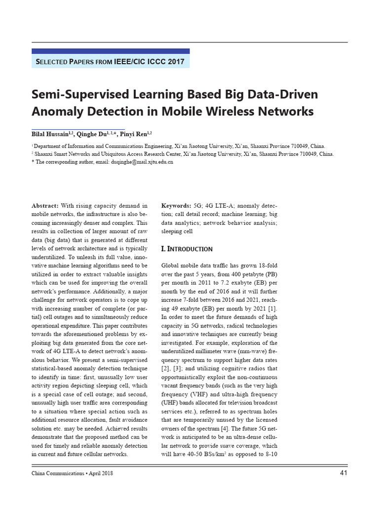 Semi-Supervised Learning Based Big Data-Driven Anomaly Detection in Mobile Wireless Networks ...