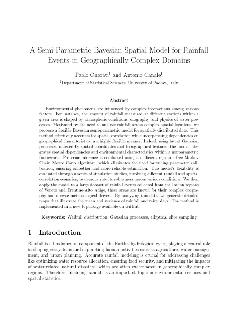 A Semi-Parametric Bayesian Spatial Model For Rainfall Events in Geographically Complex Domains ...