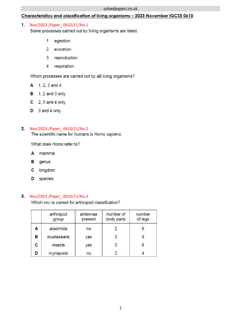 2023 Characteristics and Classification of Living Organisms IGCSE 0610 ...