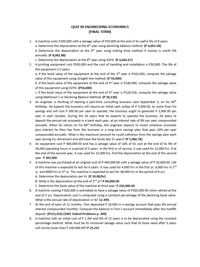Engineering Economics Quiz Solutions | PDF | Depreciation | Business Economics
