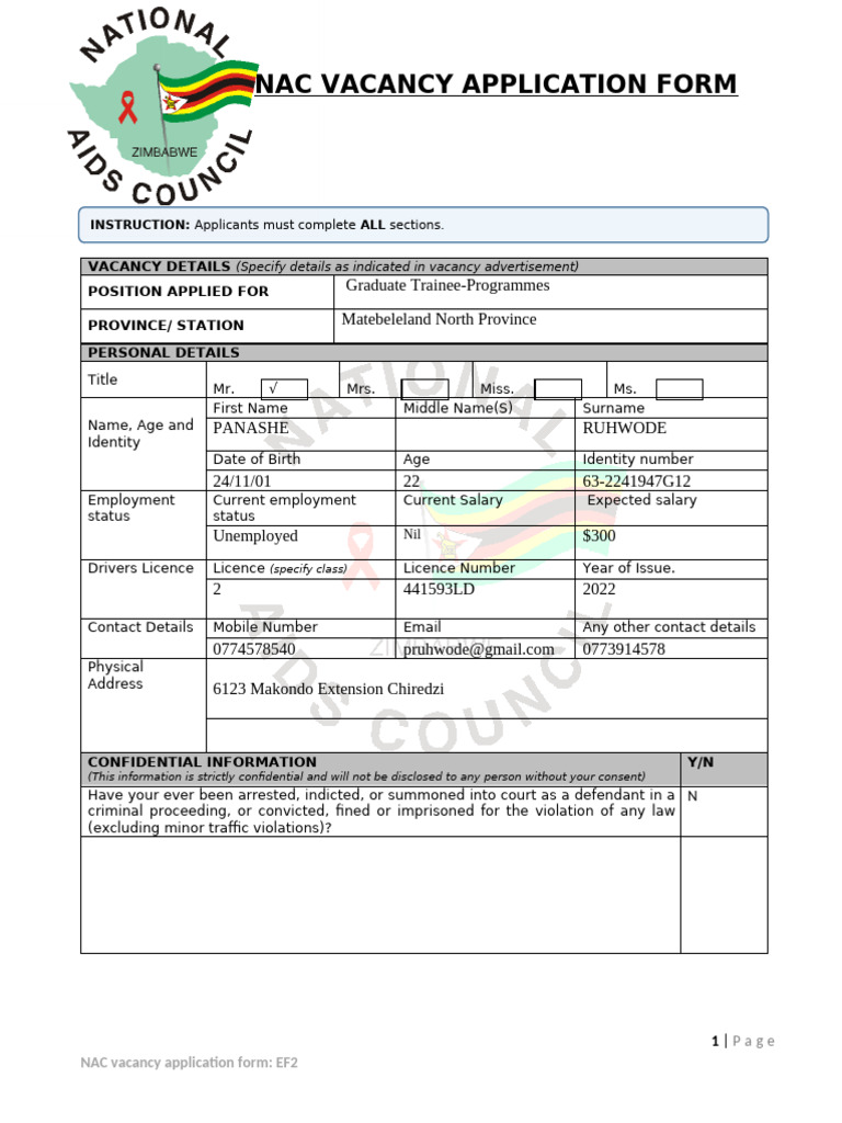 NAC Vacancy Application Form October 2024 | PDF