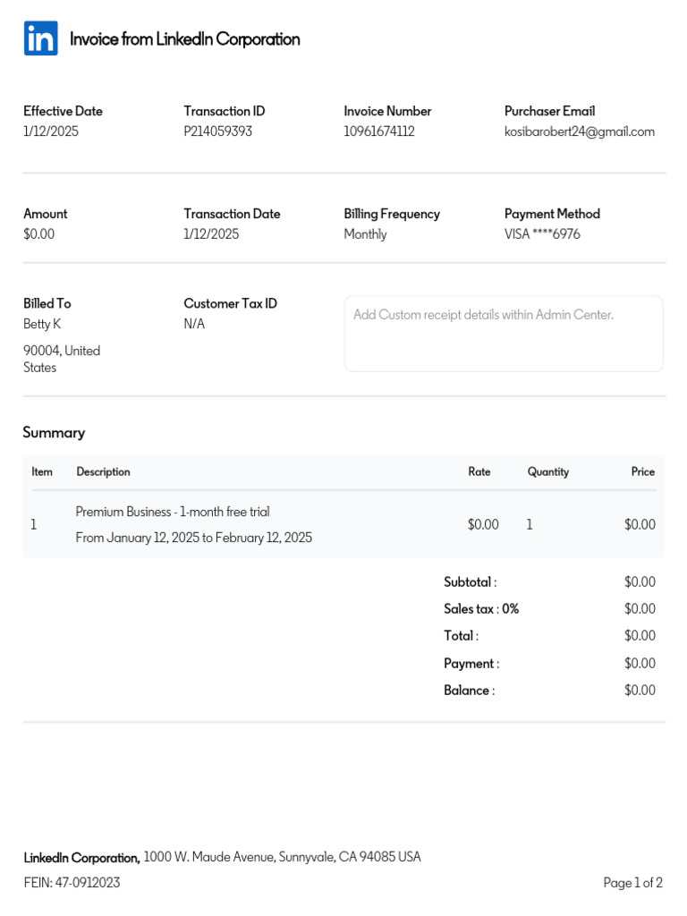 LinkedIn Invoice for Free Trial Subscription | PDF | Invoice | Receipt