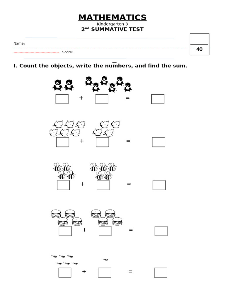 Kindergarten Math Test: Addition Skills | PDF