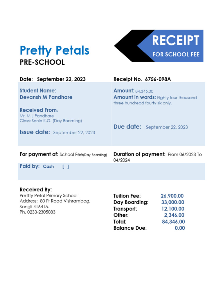 School Fee Receipt for Devansh M Pandhare | PDF