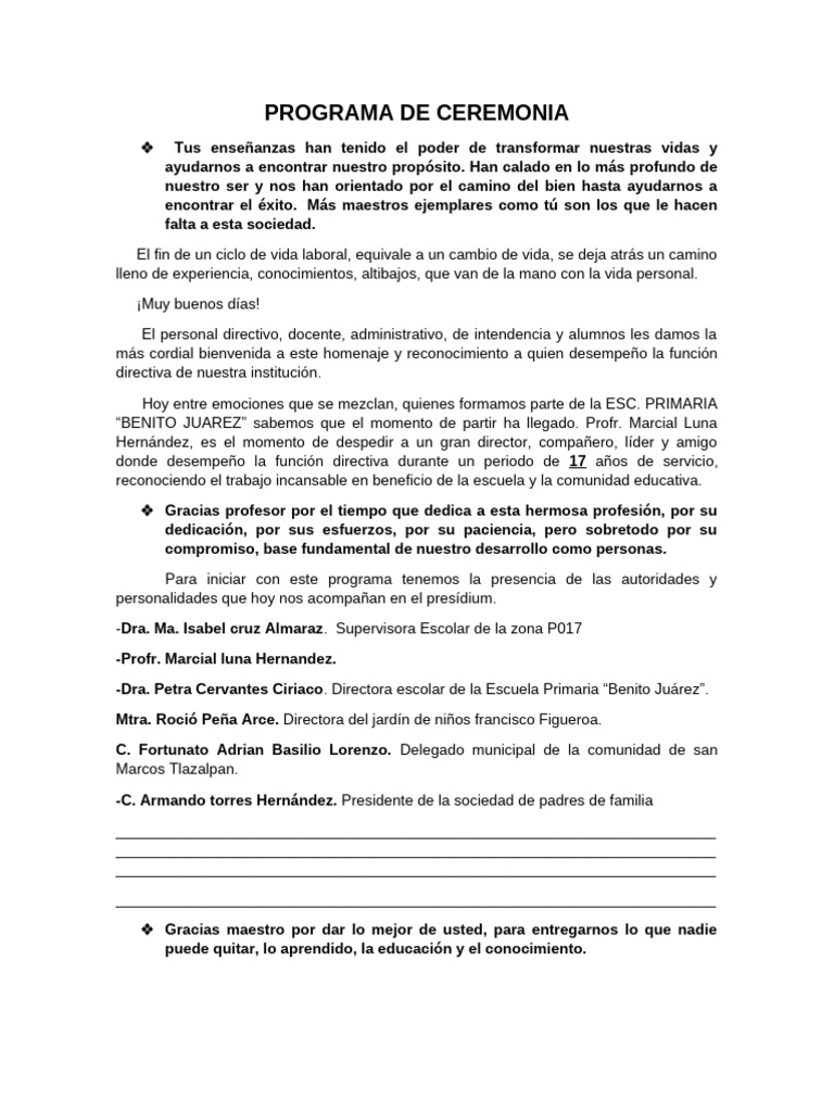 PROGRAMA DE CEREMONIA. MAESTRO MARCIAL (1) | PDF | Maestros | Escuelas