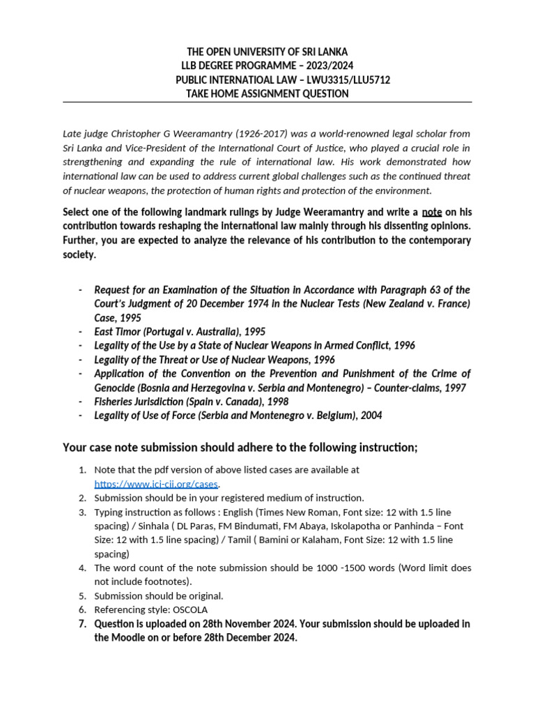 Take Home Assignment - Public International Law-2024 | PDF ...