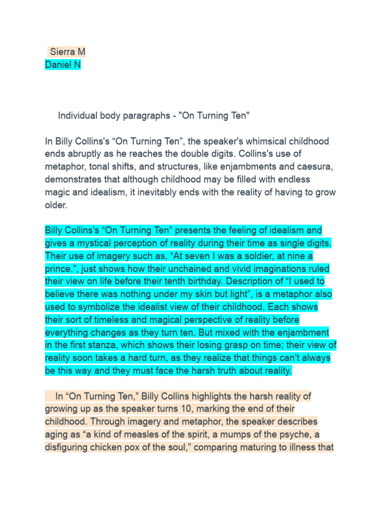 Individual Body Paragraphs - On Turning Ten | PDF