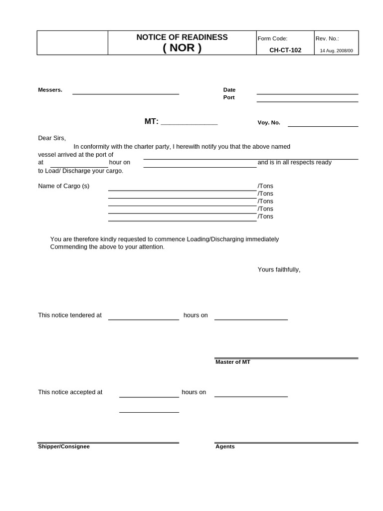 CH-CT-102 - Notice of Readiness | PDF