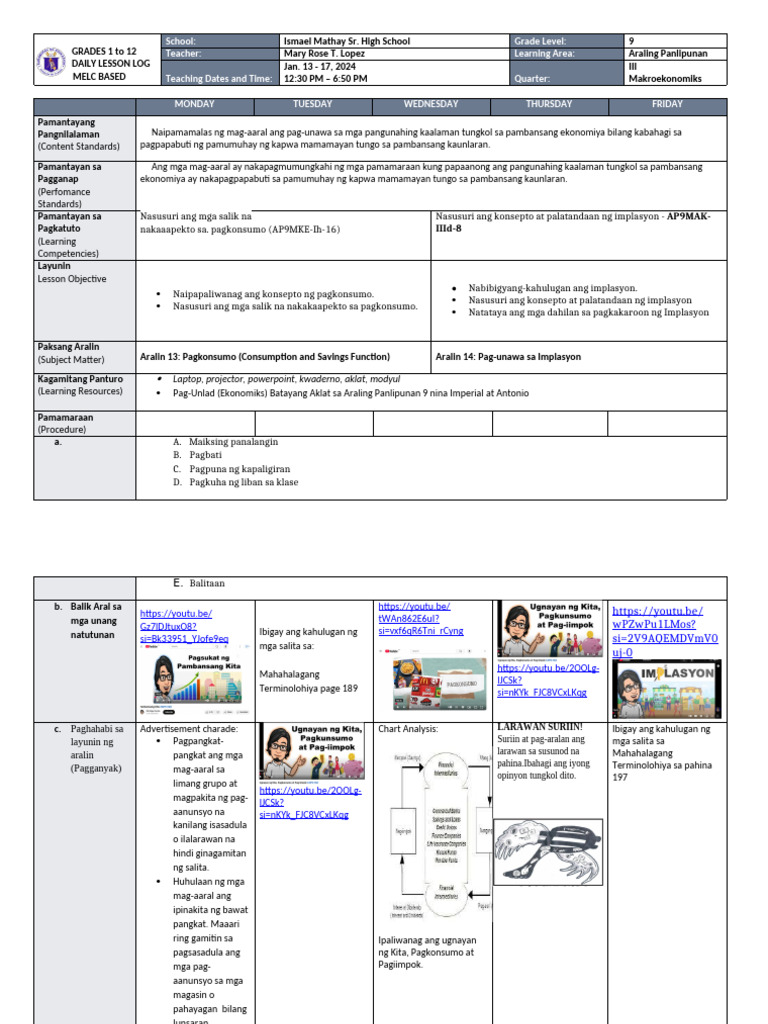 DLP - QTR-3 - Aralin-13-14 - Consumption at Savings Function - Implasyon | PDF