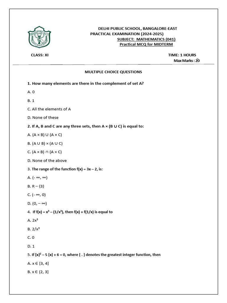 041-MCQ, MIDTERM, Math, XI, 24-25 | PDF | Function (Mathematics) | Trigonometric Functions