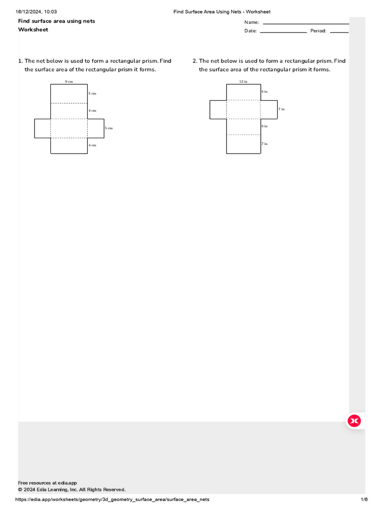 Surface Area Using Nets - Worksheet | PDF | Geometric Objects ...