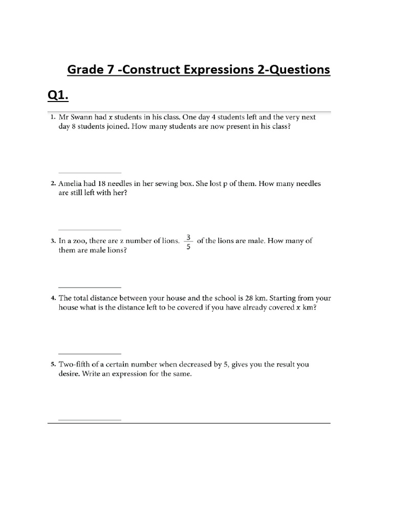 Grade 7 - Construct Expressions 2-Questions | PDF