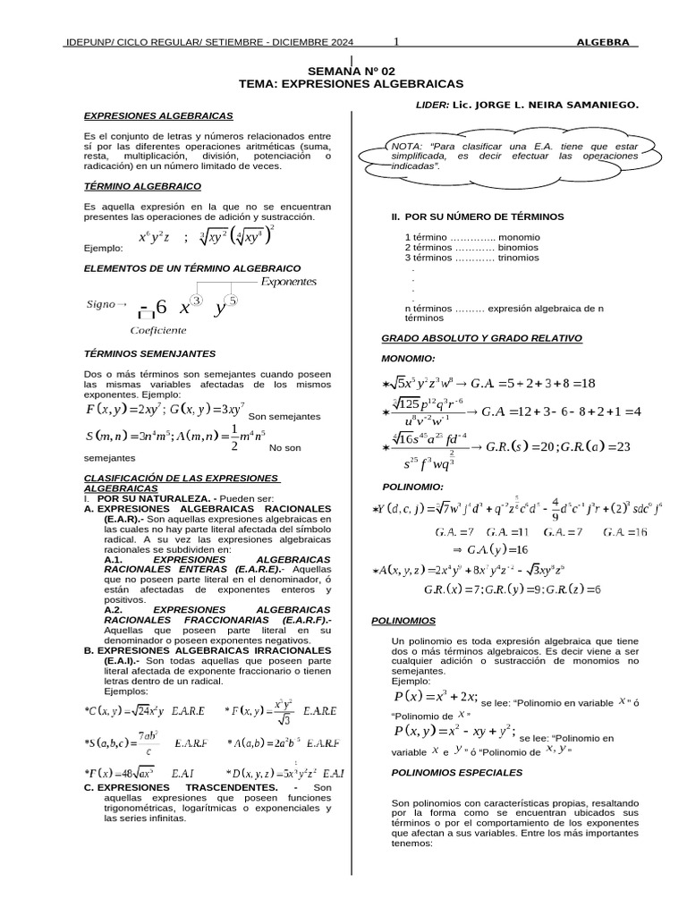 Expresiones Algebraicas: Guía Completa | PDF | Números | Matemáticas