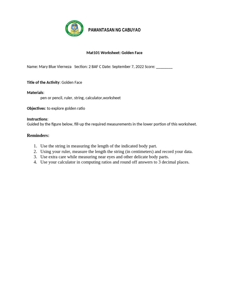 Golden Ratio Measurement Worksheet | PDF