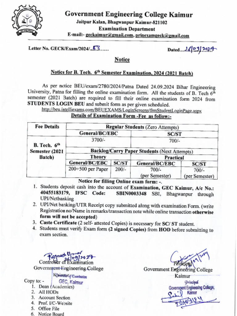 Notice for B. Tech. 6th Semester Examination, 2024 (2021 Batch) (3) | PDF
