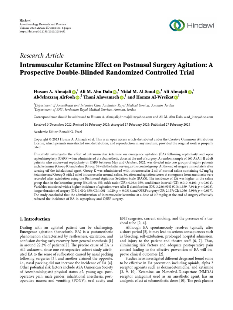 Ketamine Study On Lowering Post Op Emergence Agitation and Axiety ...