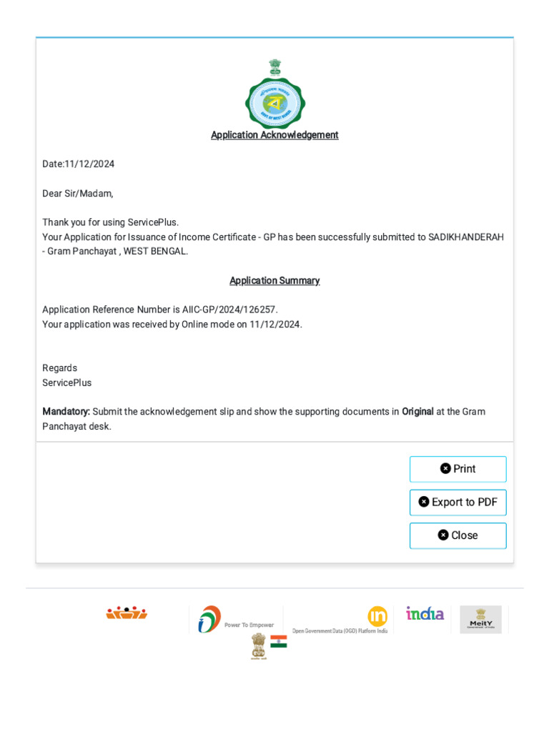ServicePlus- Application for Issuance of Income Certificate - GP | PDF