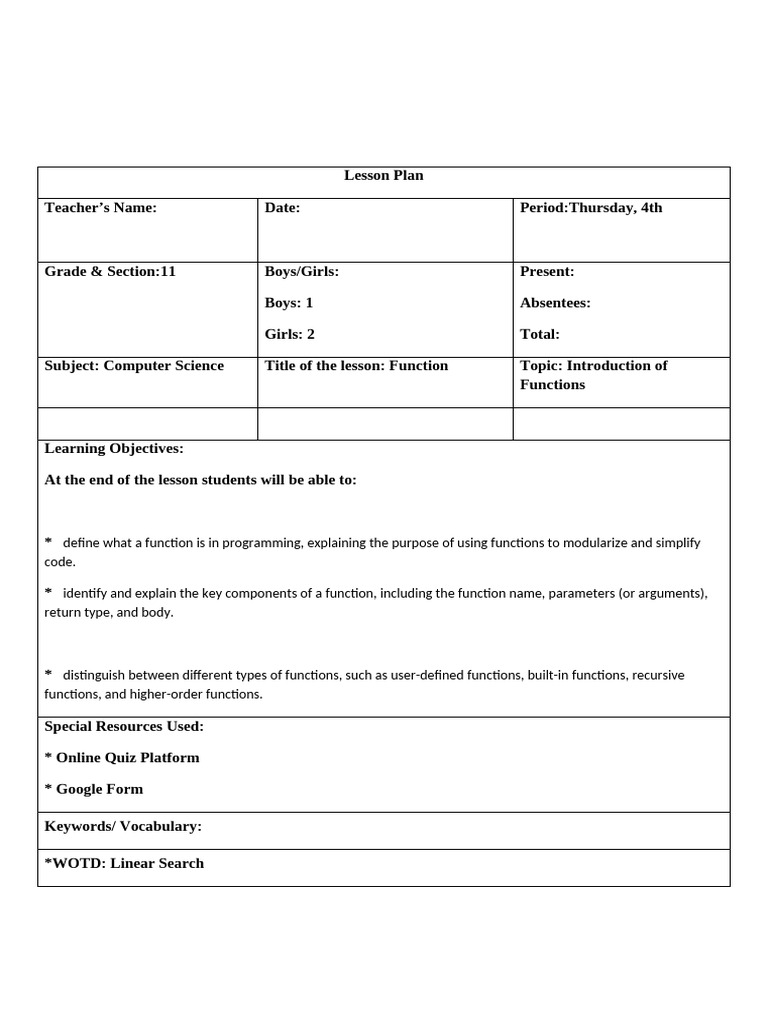 Computer Science Lesson Plan1 | PDF | Parameter (Computer Programming ...