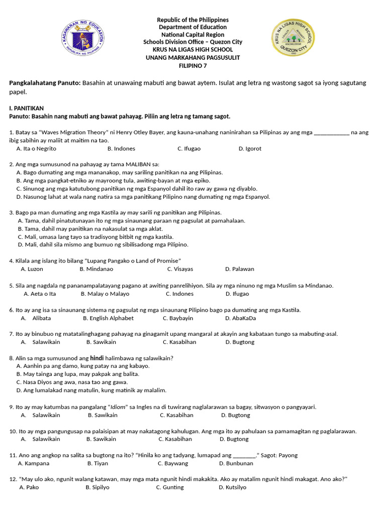 Final Filipino 7 Matatag 1st Quarter Periodical Exam Sy 23 24 | PDF
