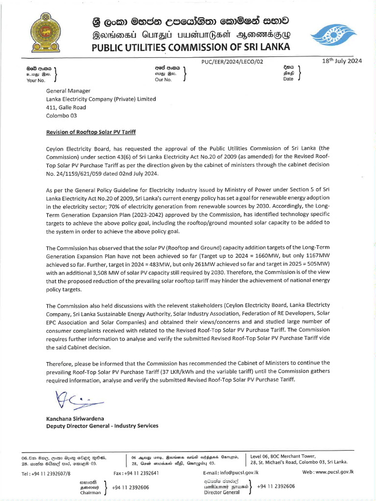 Letter To LECO Rooftop Solar Tariff Revision | PDF