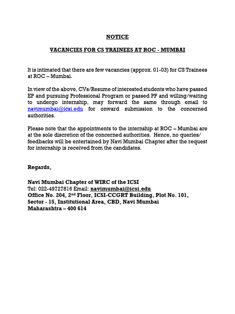 Cs Trainee Vacancies at Roc - Mumbai | PDF