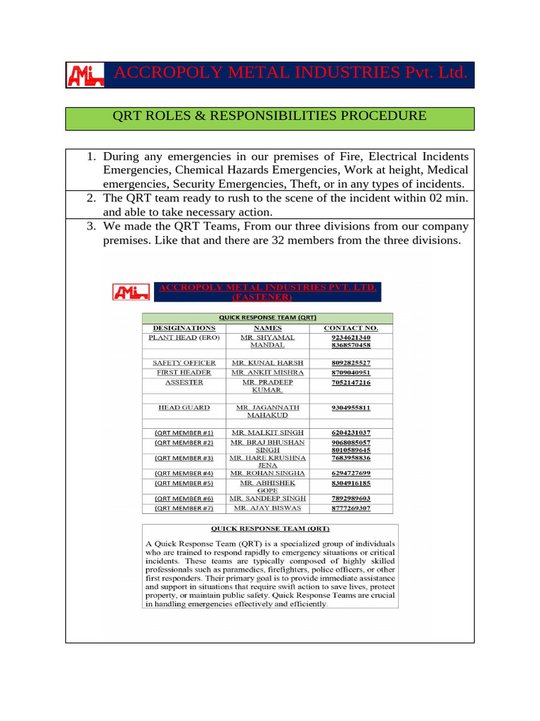 QRT Team Roles in Emergencies | PDF